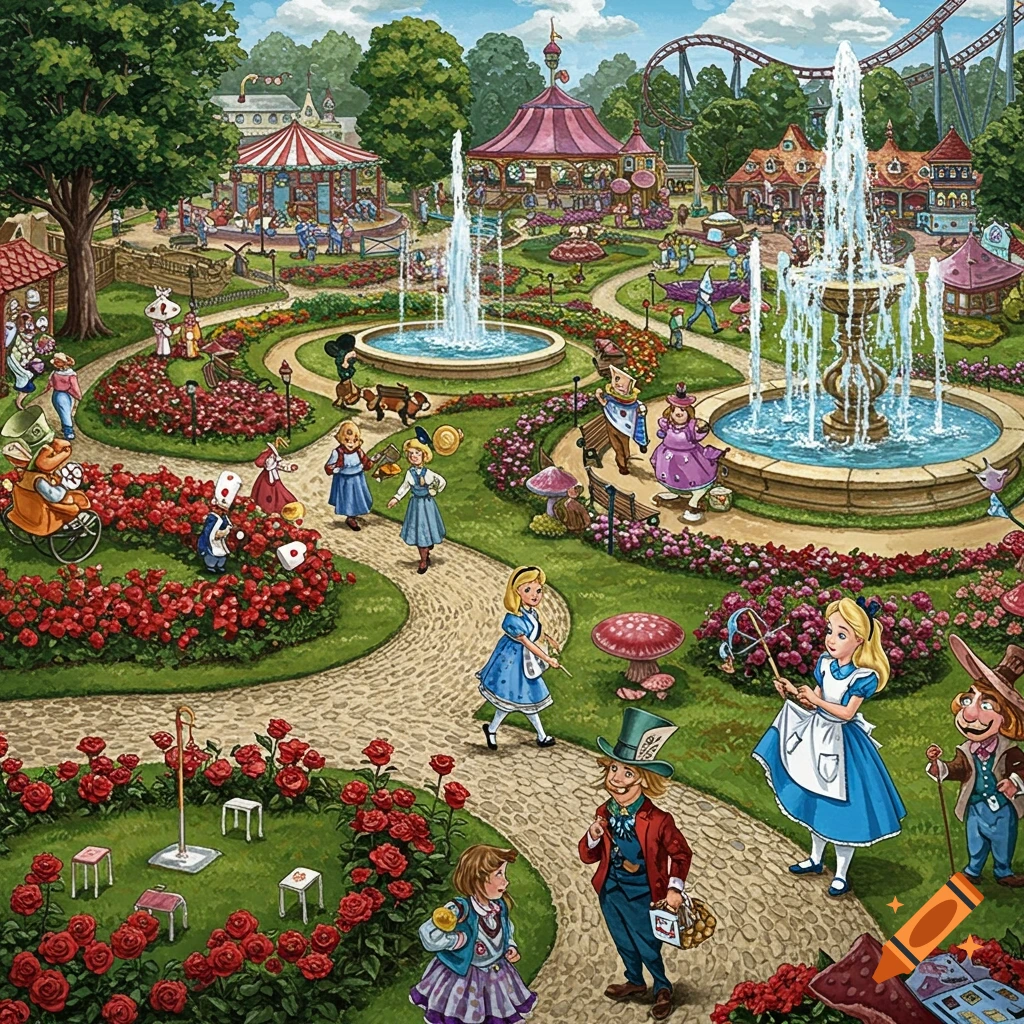 Alice in Wonderland themed amusement park with rose garden, fountains ...