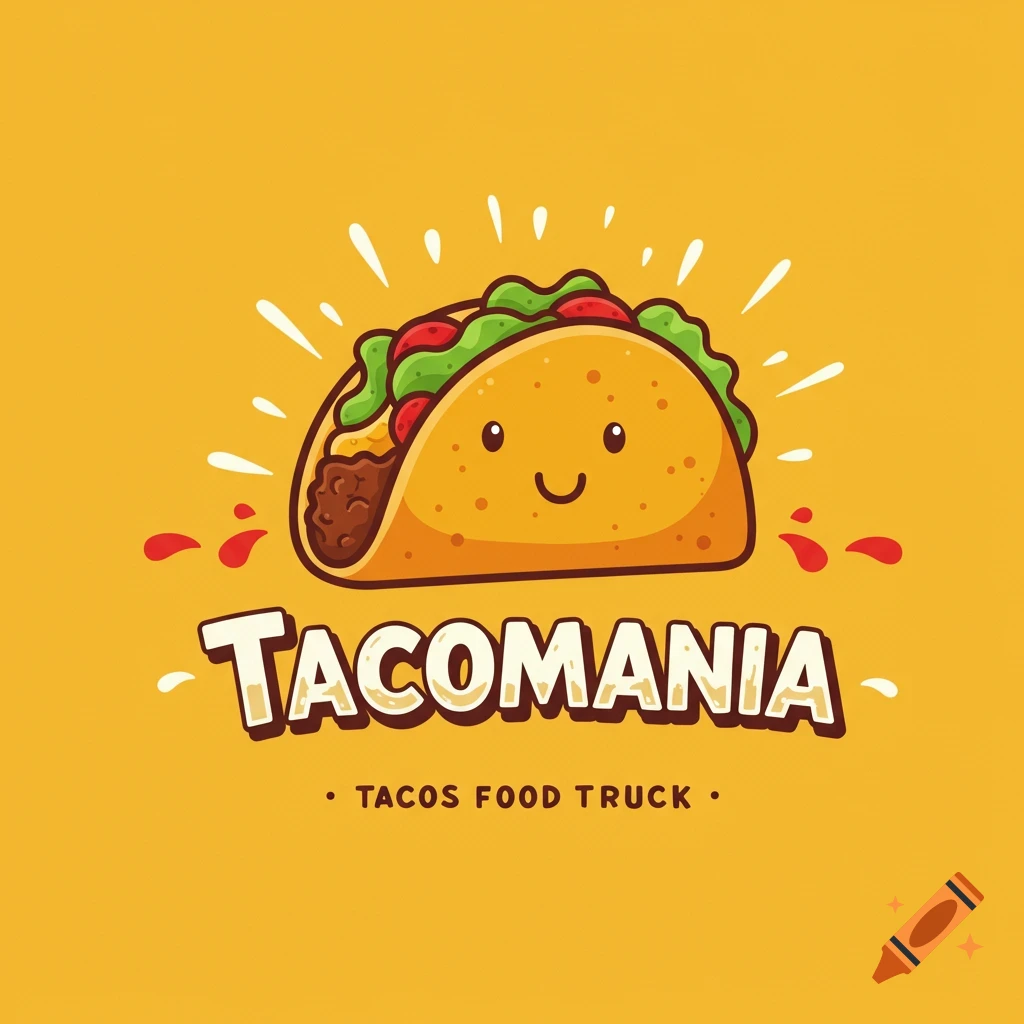 Logo for Tacomania Tacos Food Truck with a smiling cartoon taco. on Craiyon