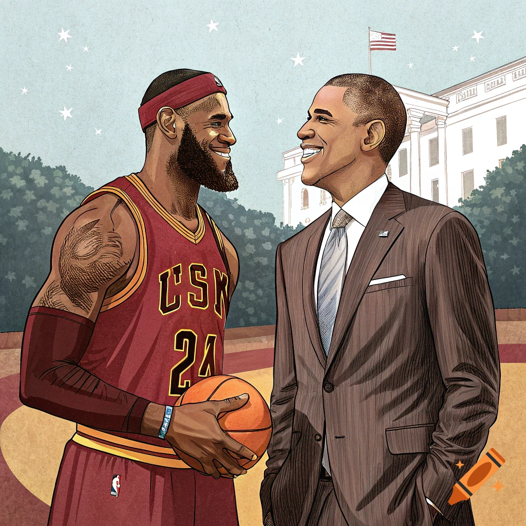 Illustration of LeBron James speaking at a political rally with a 'Vote ...
