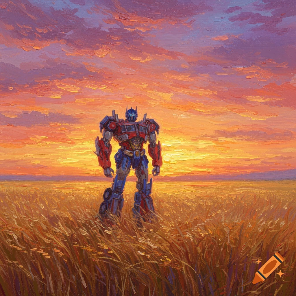 Optimus Prime stands in a golden wheat field at sunset, painted in an ...