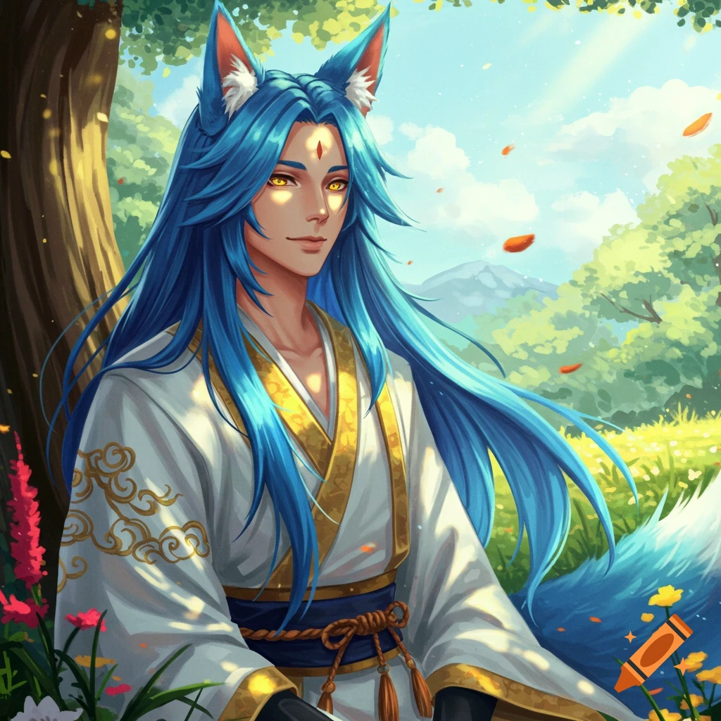 A Kitsune human hybrid with blue hair and yellow eyes in traditional ...