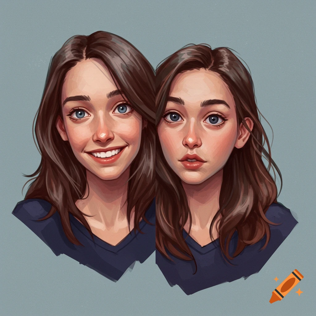 Digital illustration of two side-by-side portraits of a young woman ...
