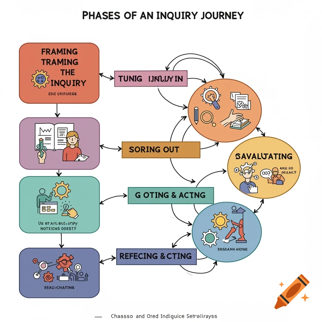 Diagram of inquiry journey phases for classroom on Craiyon