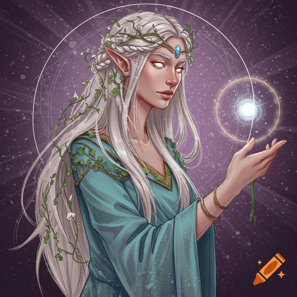 Mystical figure with silvery-blonde hair and ivy in robes from dryad ...