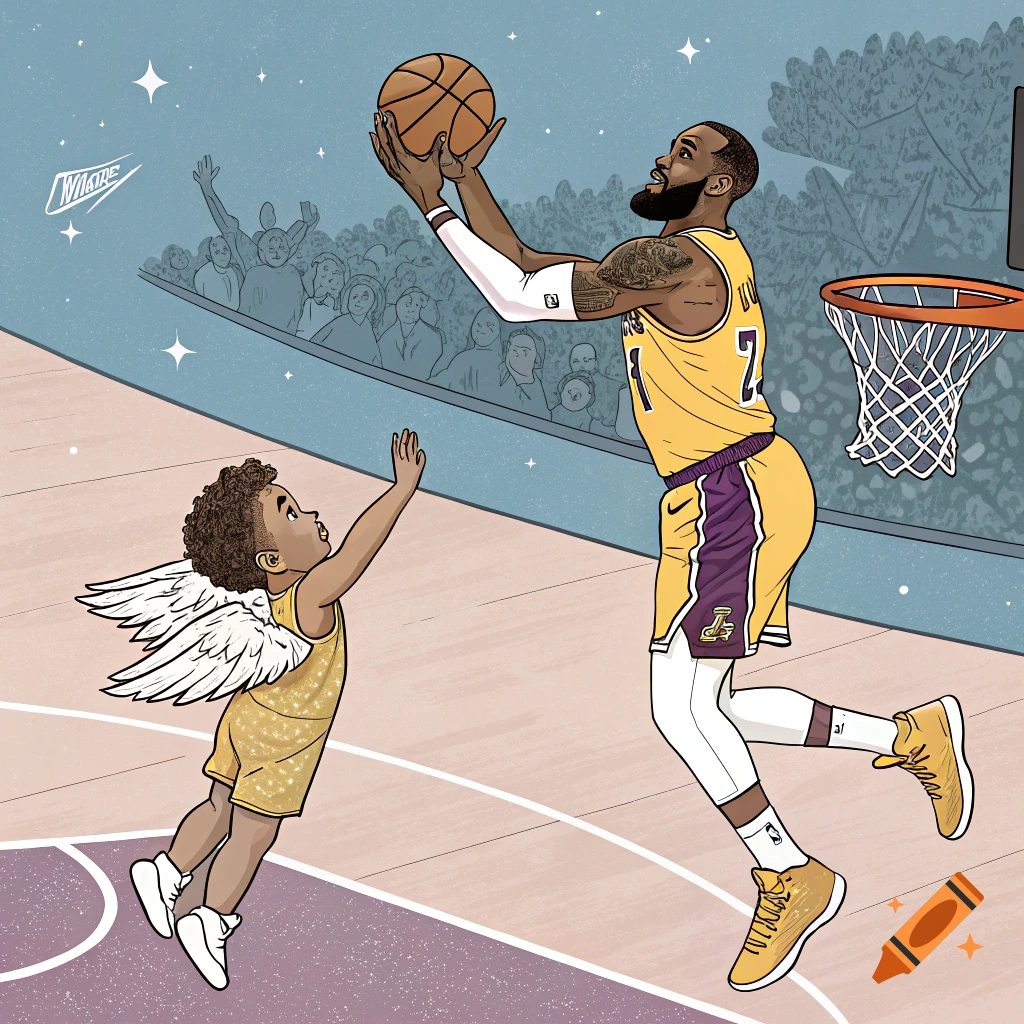 Cartoon illustration of a child with wings reaching up to LeBron James ...