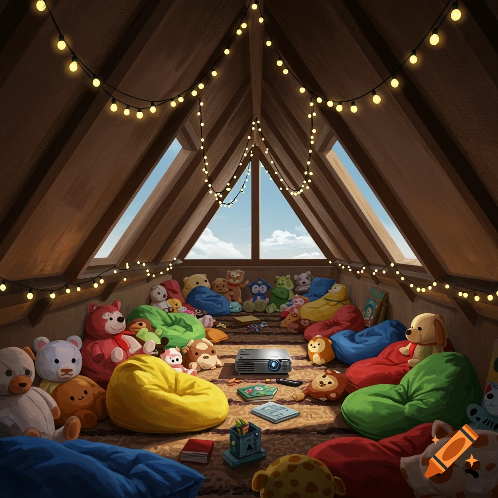 Cozy attic room with stuffed animals, bean bags, pillows, projector ...