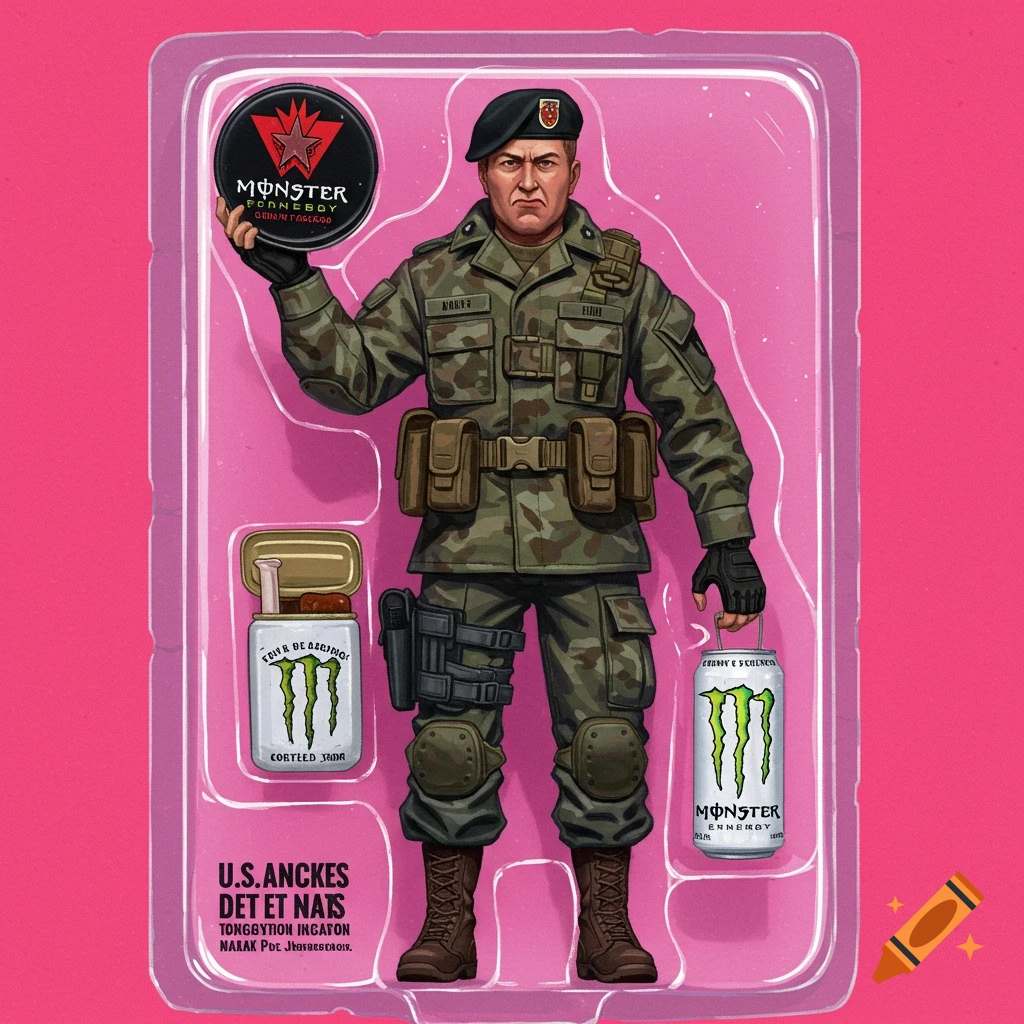Action figure in US military uniform with chewing tobacco and Monster ...
