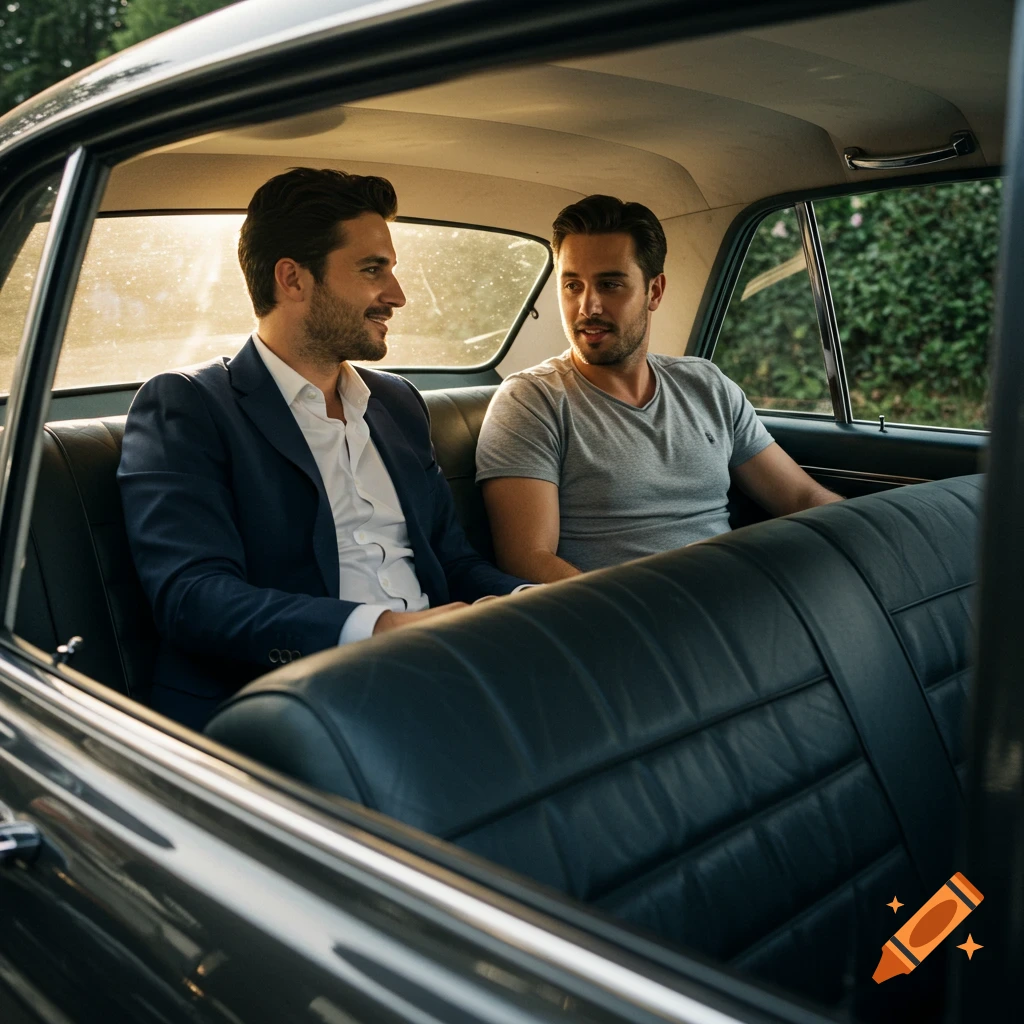 Two men sit in the back seat of a classic car, looking at each other ...