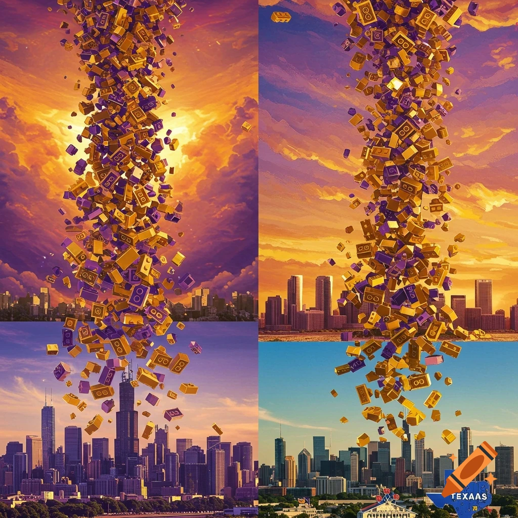 Lego bricks falling over Chicago, Virginia, Nevada, and Texas in gold ...