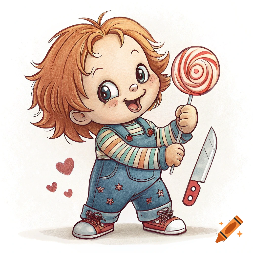 Chucky holding a lollipop, cute style on Craiyon