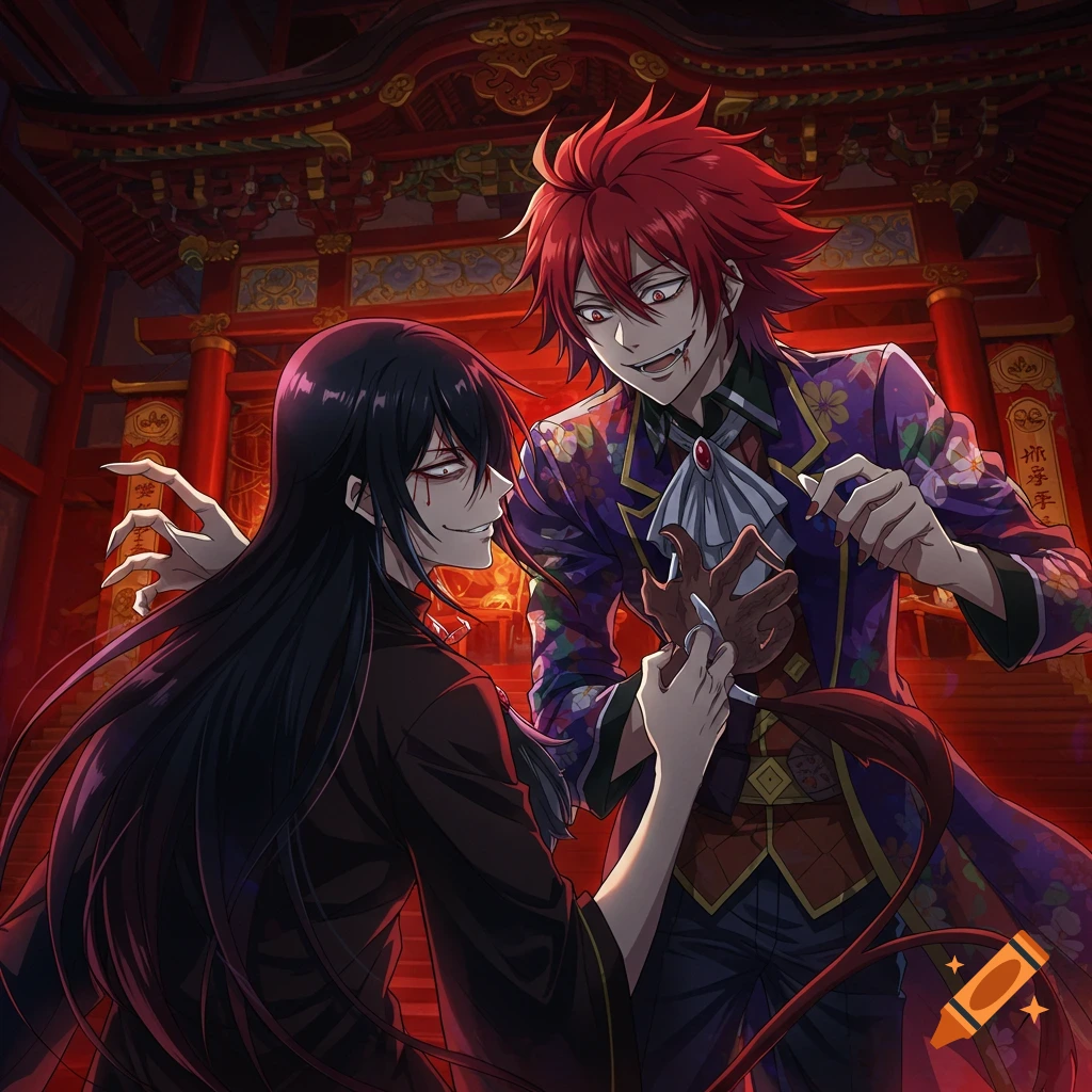 Two anime characters with fangs and red eyes interact in a red temple ...