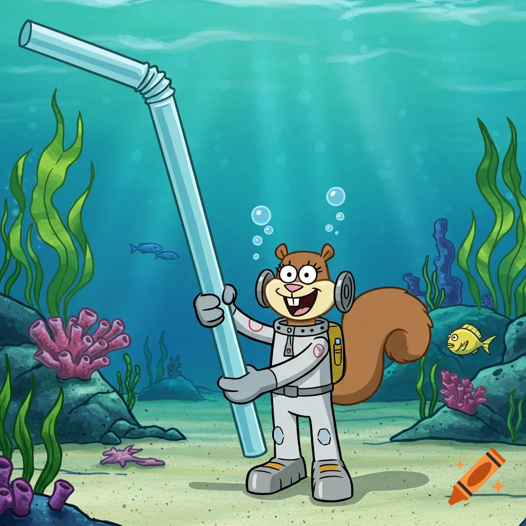 Sandy Cheeks underwater holding a giant straw in cartoon style. on Craiyon