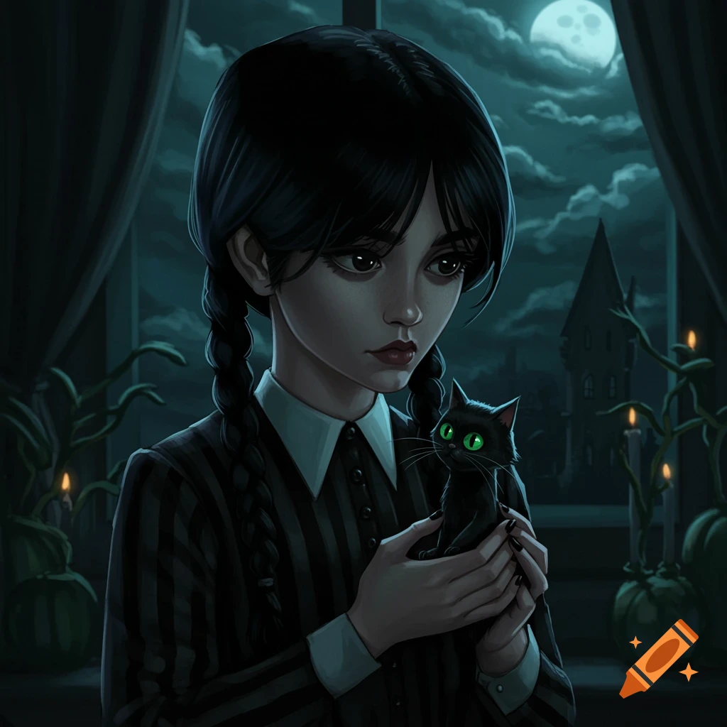 Girl with braids as Wednesday Addams holding a cat on Craiyon