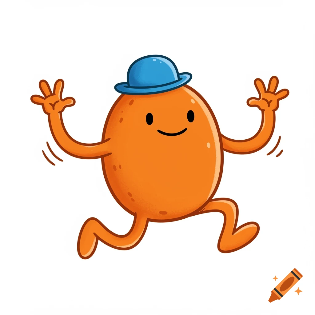Mr. Tickle, orange oval character with blue bowler hat on Craiyon