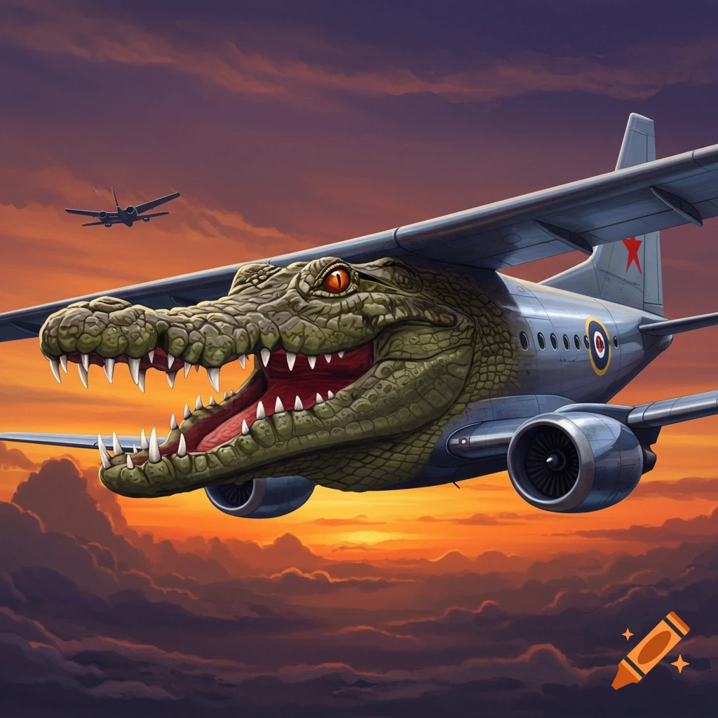 Cartoon illustration of a crocodile-shaped airplane flying in a blue sky. on Craiyon