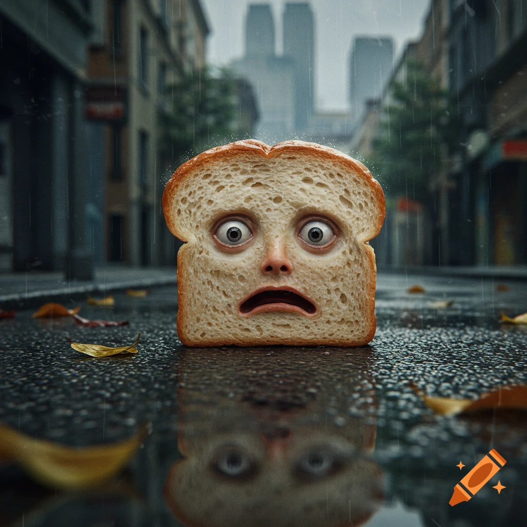Scared slice of bread on the street on Craiyon