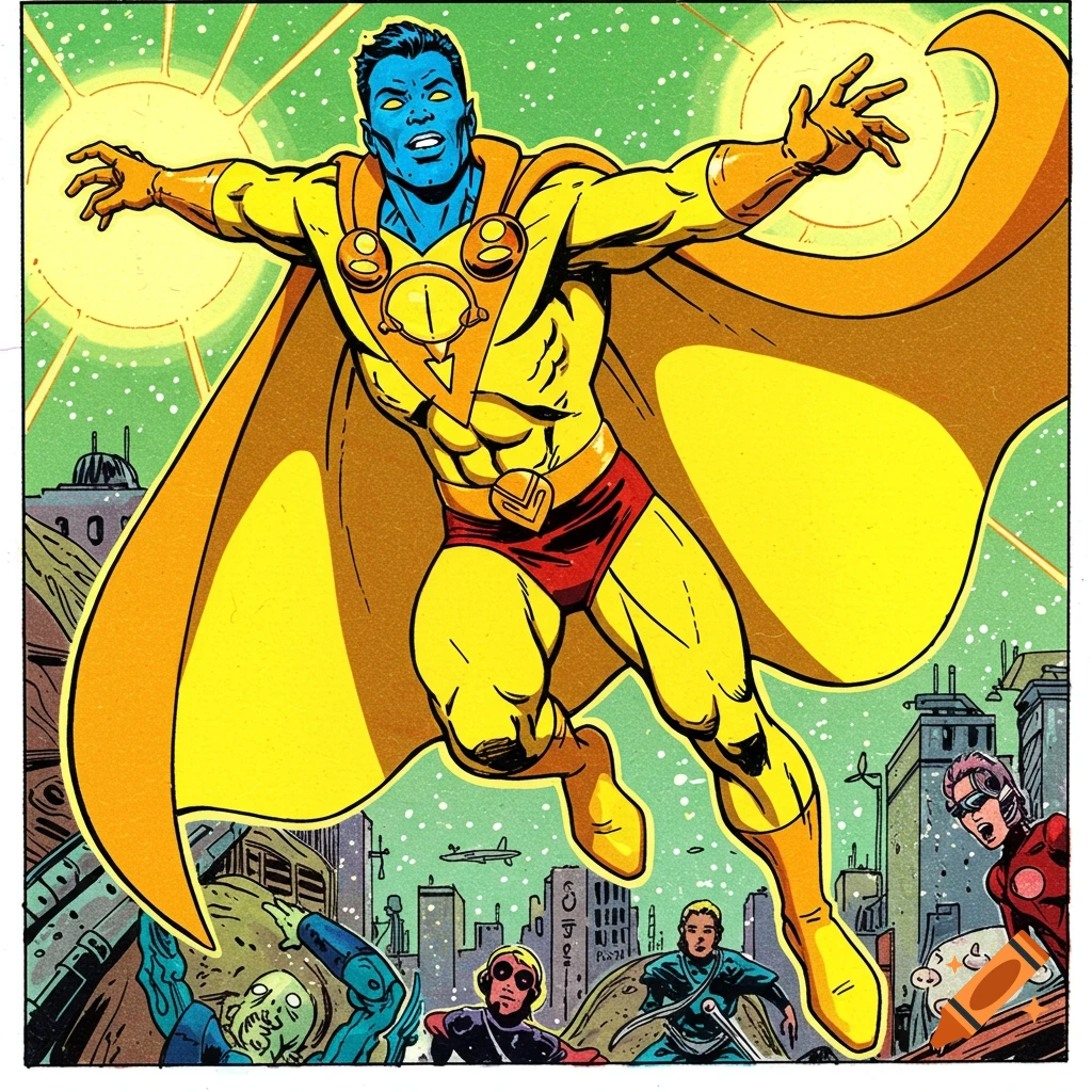 Comic book cover showing superhero Gas Man flying over a city. on Craiyon