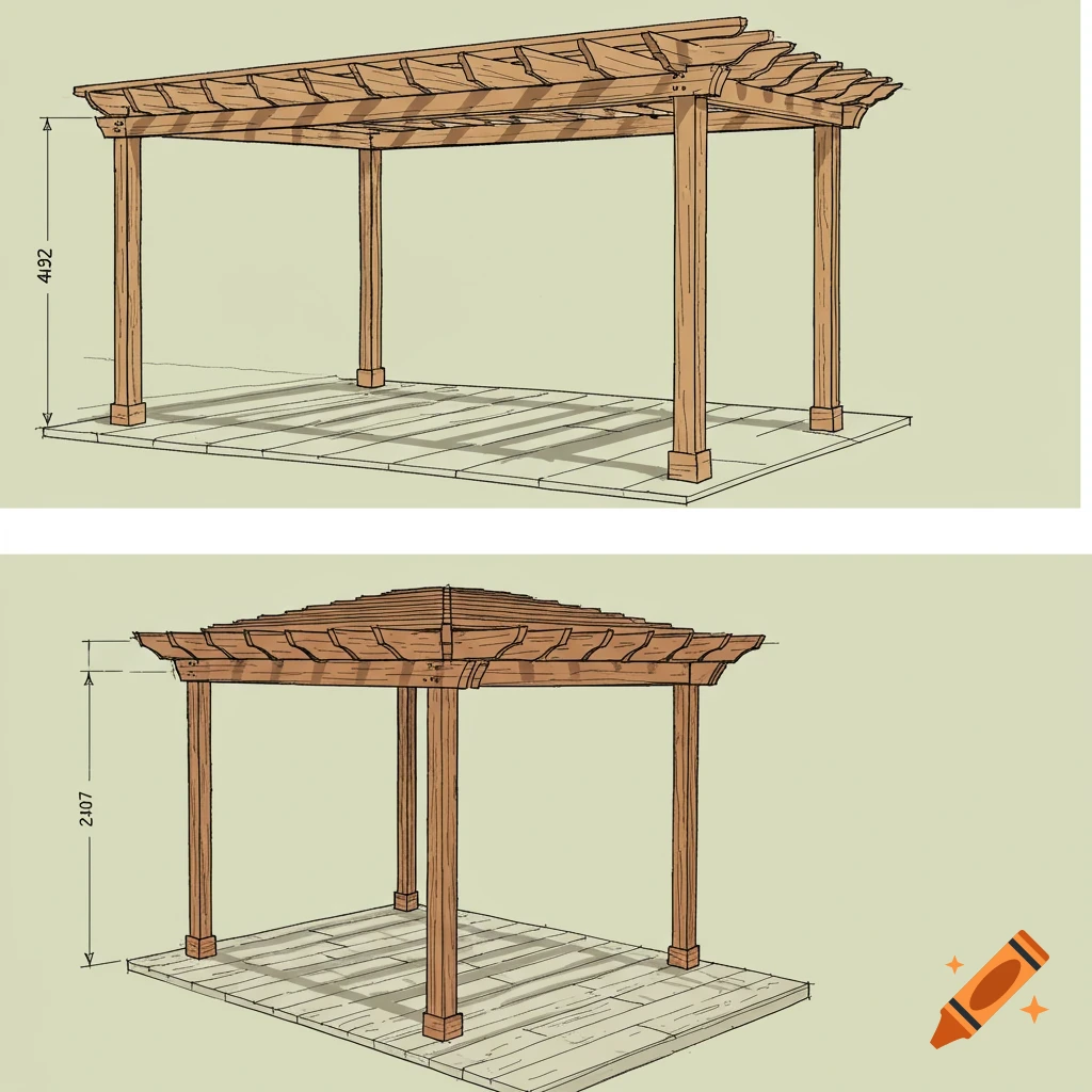 Two technical drawings of wooden pergolas with dimension lines. The top ...