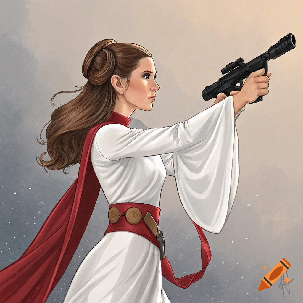 Illustration of Princess Leia in a white dress and red sash holding a ...