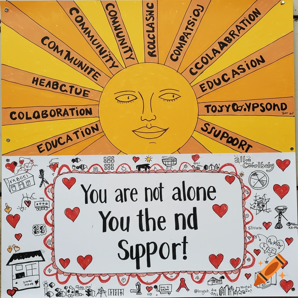 Sign with sun, rays with community, culture, healing, collaboration ...