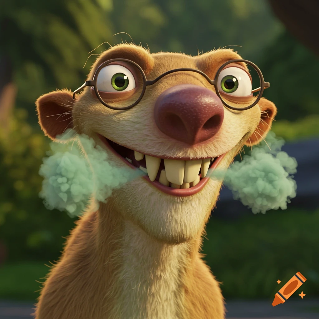 Sid from Ice Age with yellow teeth, green smoke, glasses, and wrinkles ...