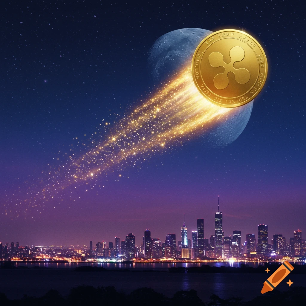 A golden XRP coin is on a rocket launching from a futuristic cityscape ...