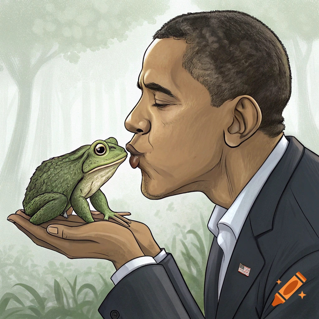 Cartoon illustration of Barack Obama holding a frog and about to kiss ...