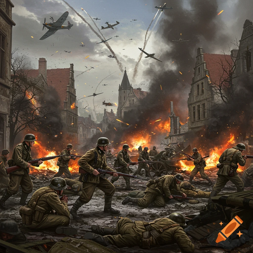 Soldiers fighting in a burning city street during a World War 2 battle ...