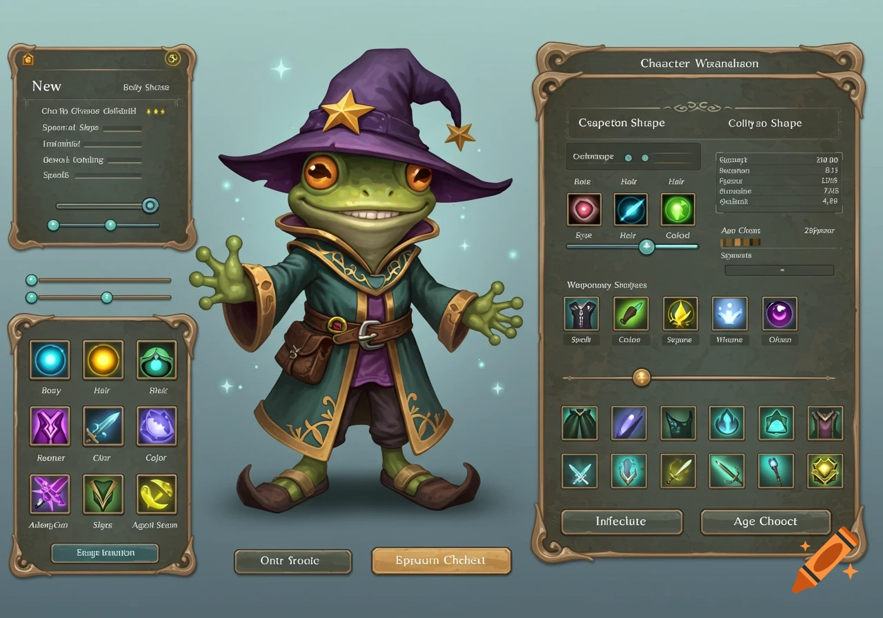 Fantasy game character creation interface with anthropomorphic frog ...