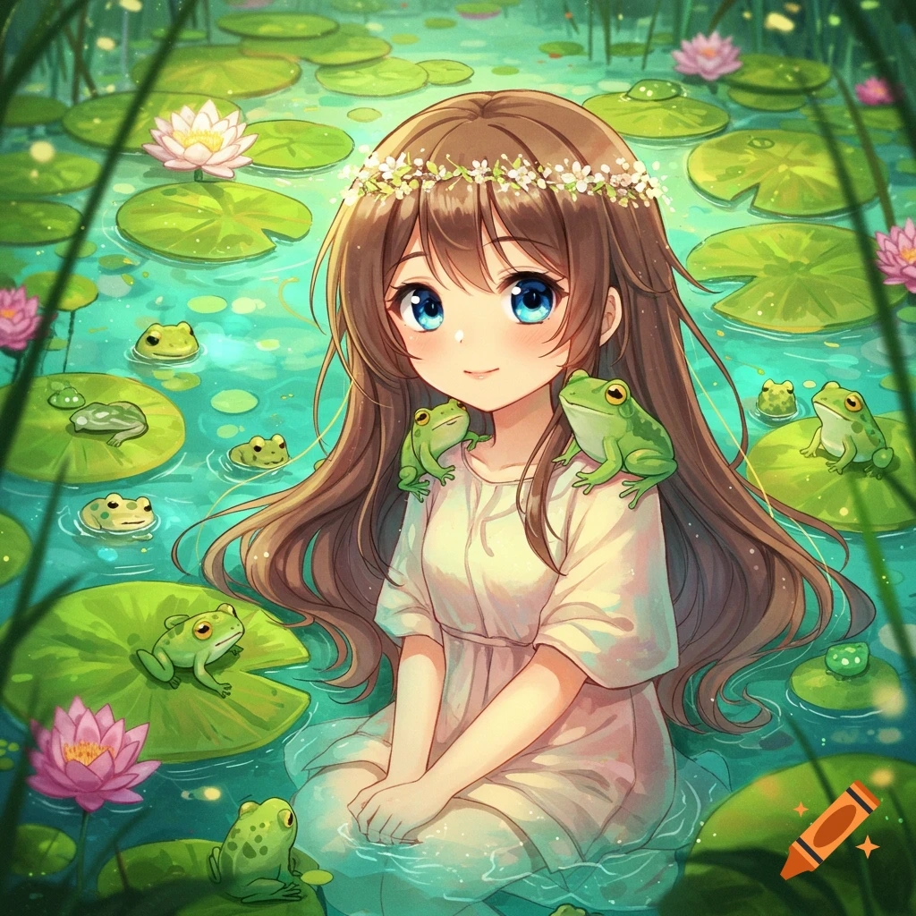 Anime girl sitting in a pond with frogs and lily pads. on Craiyon