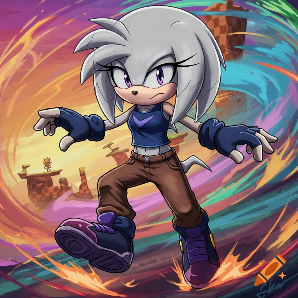 Female Sonic hedgehog character with white fur, red eyes, and goggles ...