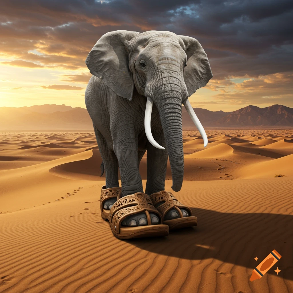 An elephant wearing large yellow and red high-top shoes in a sunny ...