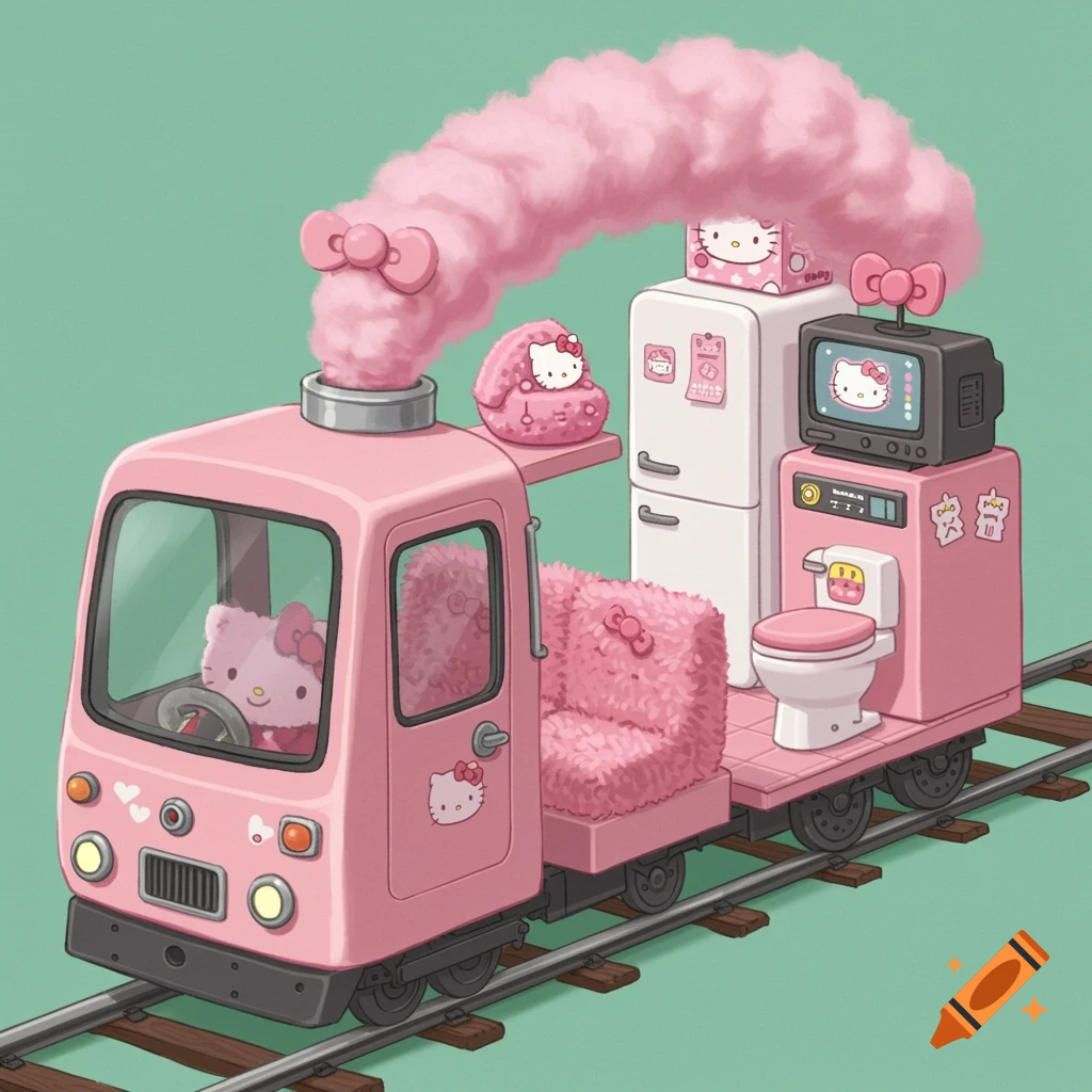 Hello Kitty themed mini train with pink seats, fridge, toilet, and TV ...