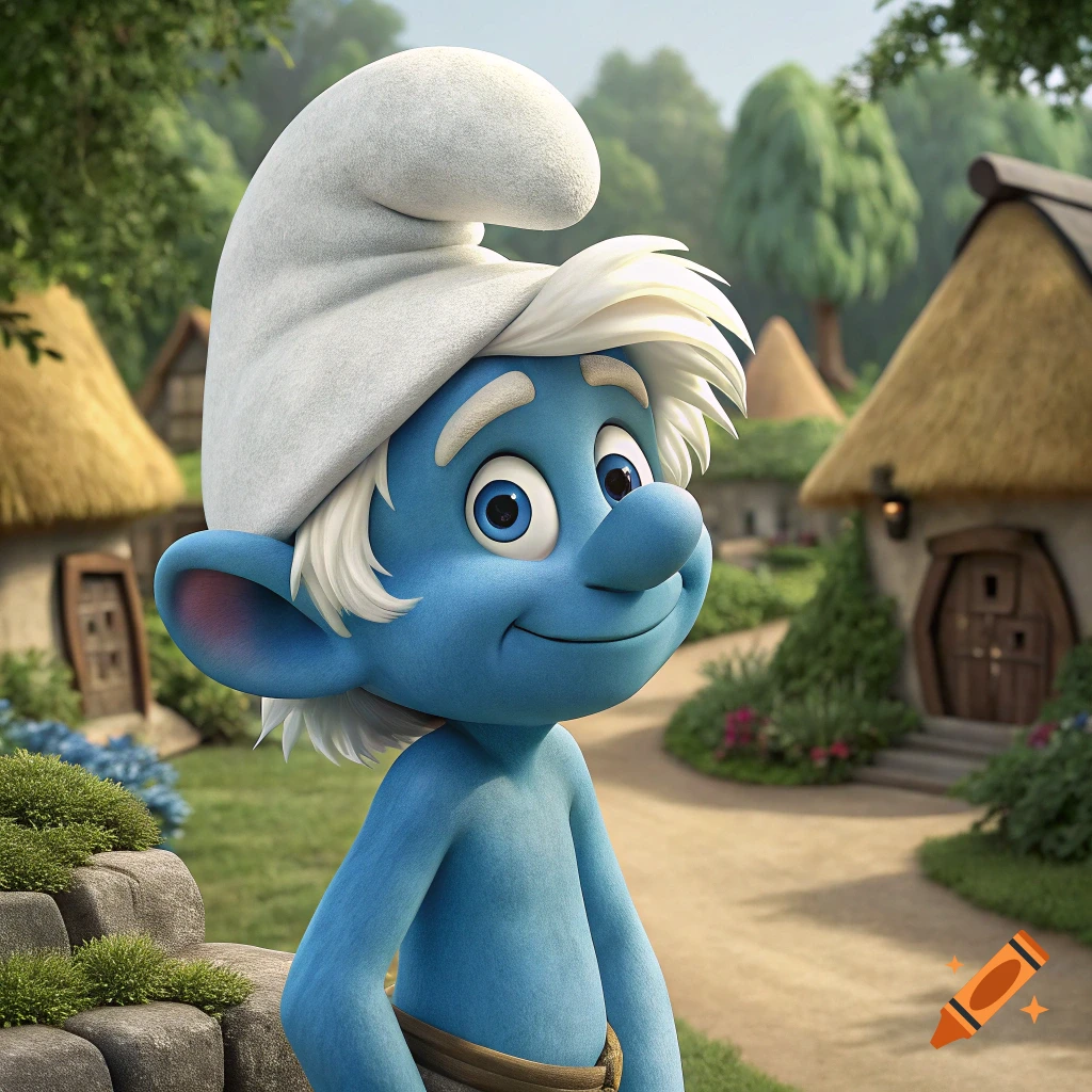 A 3D rendered Smurf character in a village setting. on Craiyon