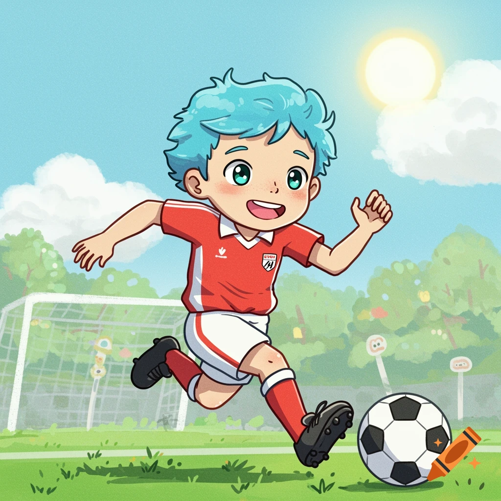 A cartoon illustration of a boy playing soccer on a beach with a large ...