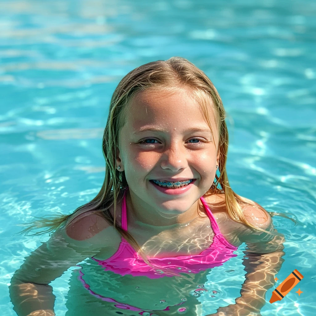 Blonde girl with blue eyes smiling in pink bathing suit while swimming ...