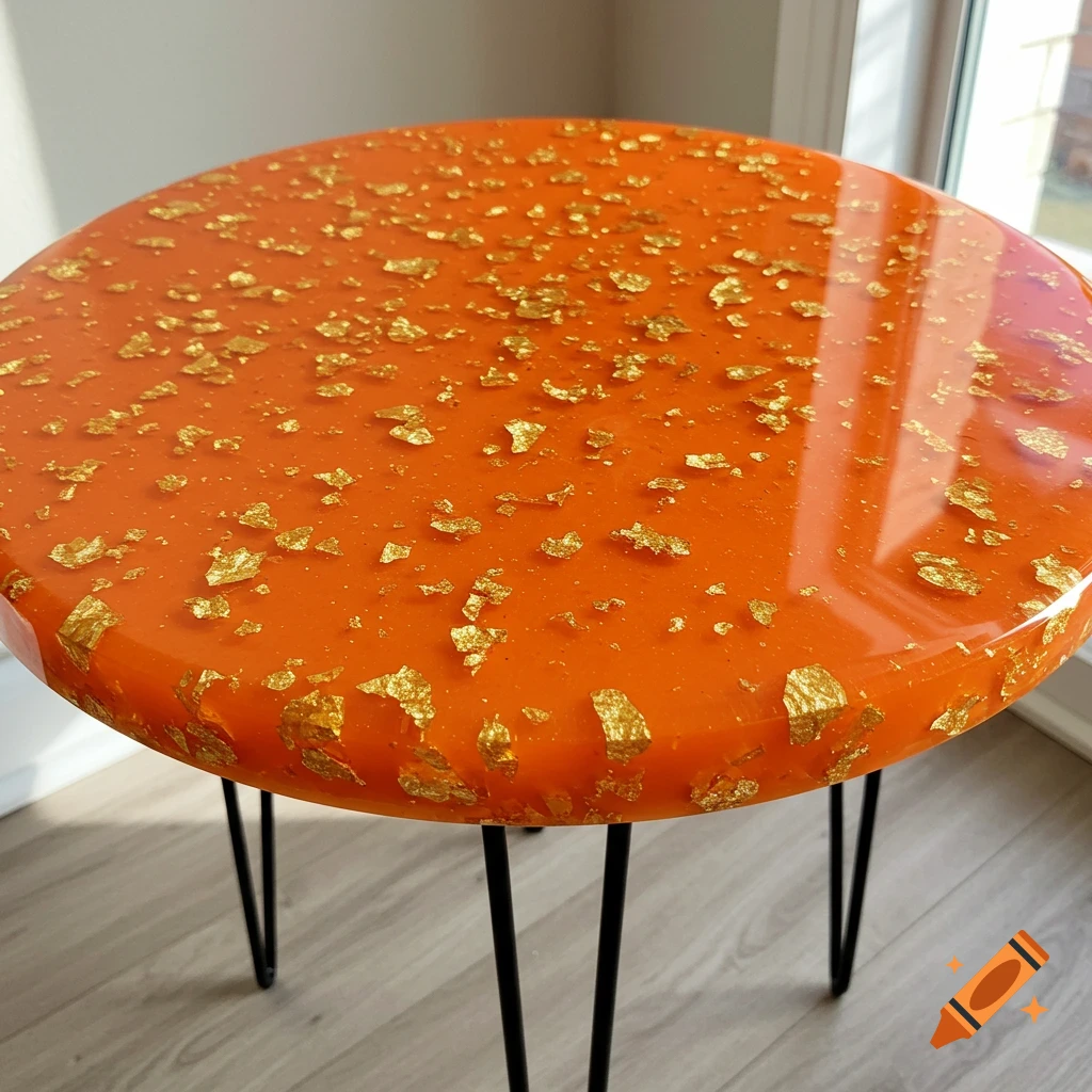 Round orange epoxy resin table with gold flake and black hairpin legs ...