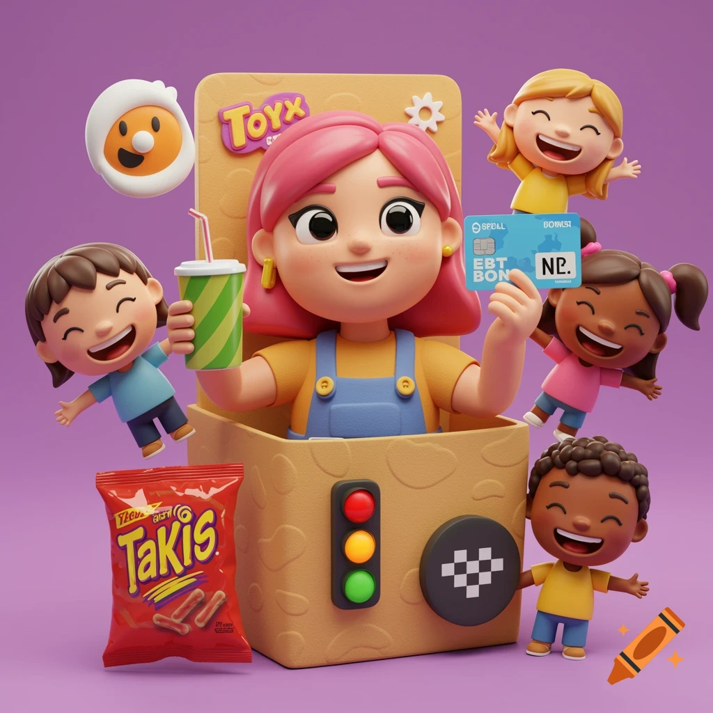 3D illustration of a toy box style packaging with a cartoon woman ...