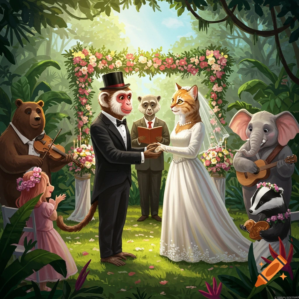 Anthropomorphic cats getting married in a garden with butterflies and ...