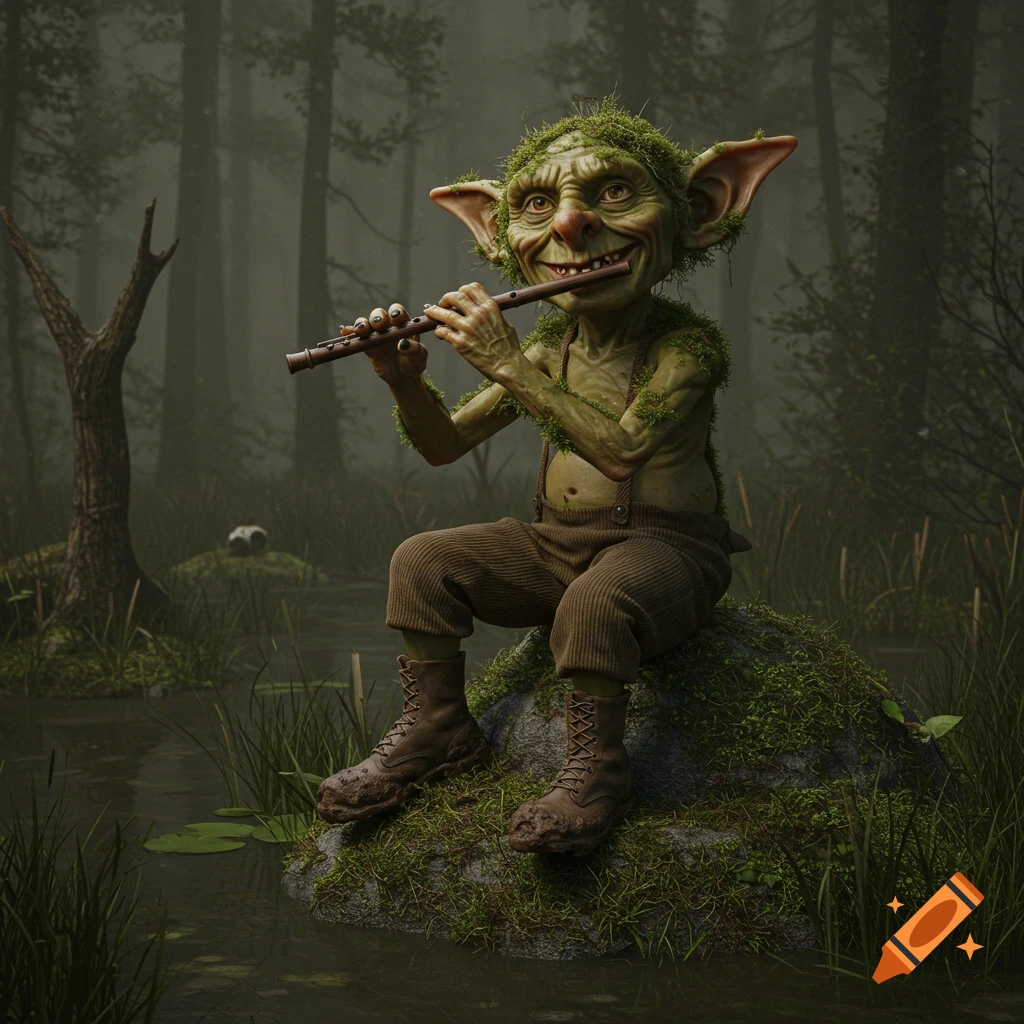 Bog goblin playing piccolo in army boots and corduroy slacks on Craiyon