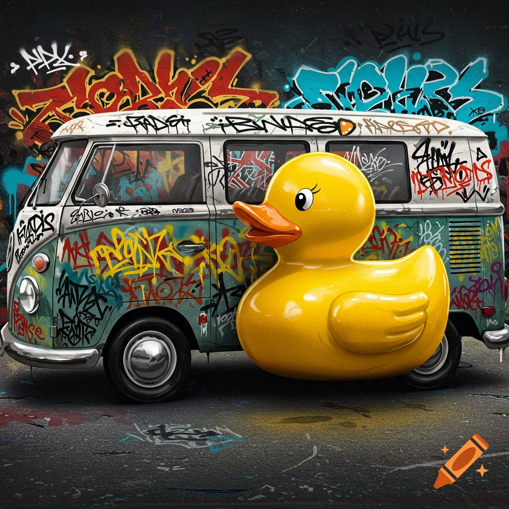 A giant rubber duck next to a graffiti-covered Volkswagen bus. on Craiyon