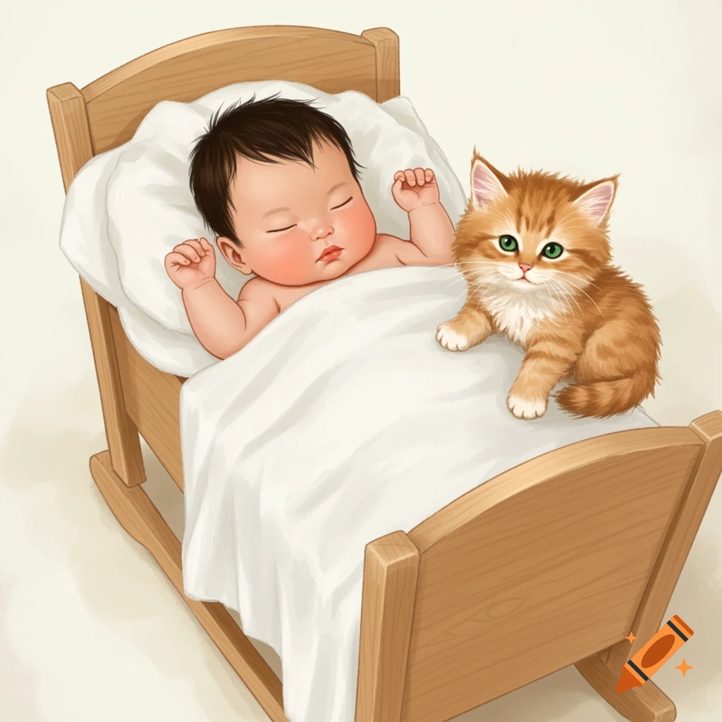 Baby in cradle with white blanket and kitten on Craiyon