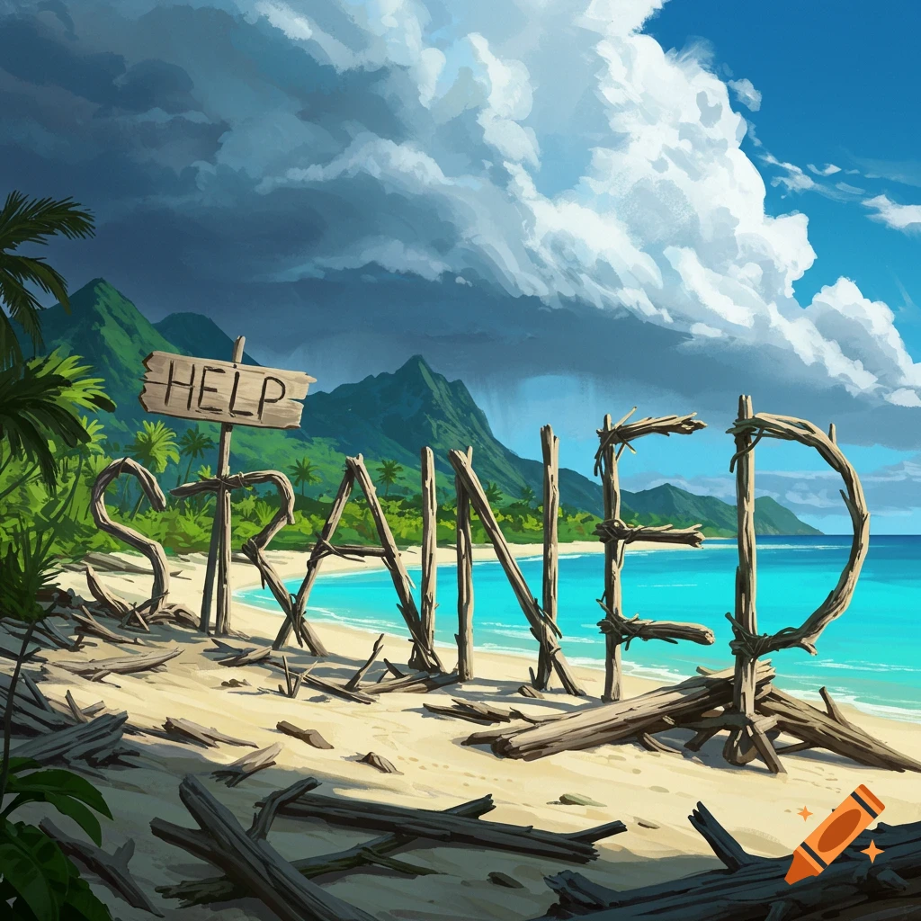 Album cover art with 'stranded' spelled out in sticks on an island. on ...