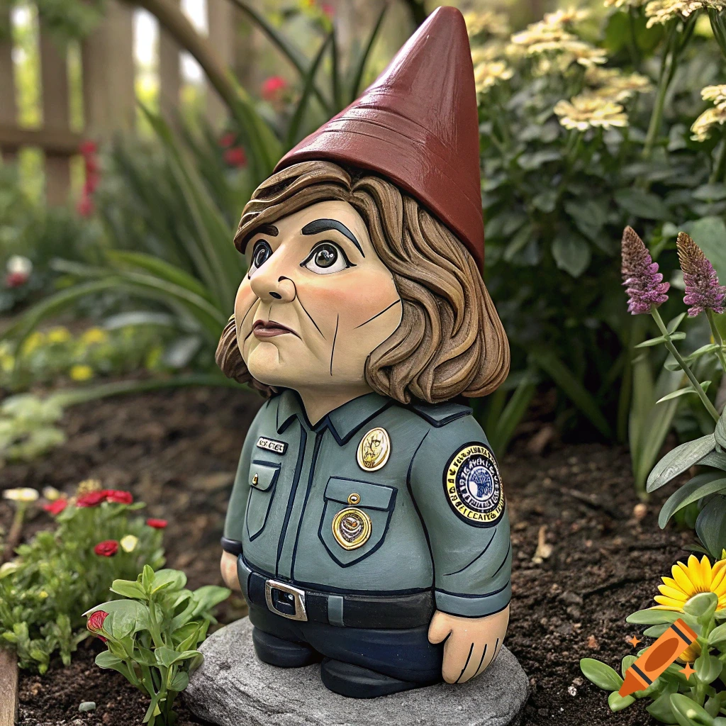 A ceramic garden gnome resembling a woman in a uniform stands in a ...