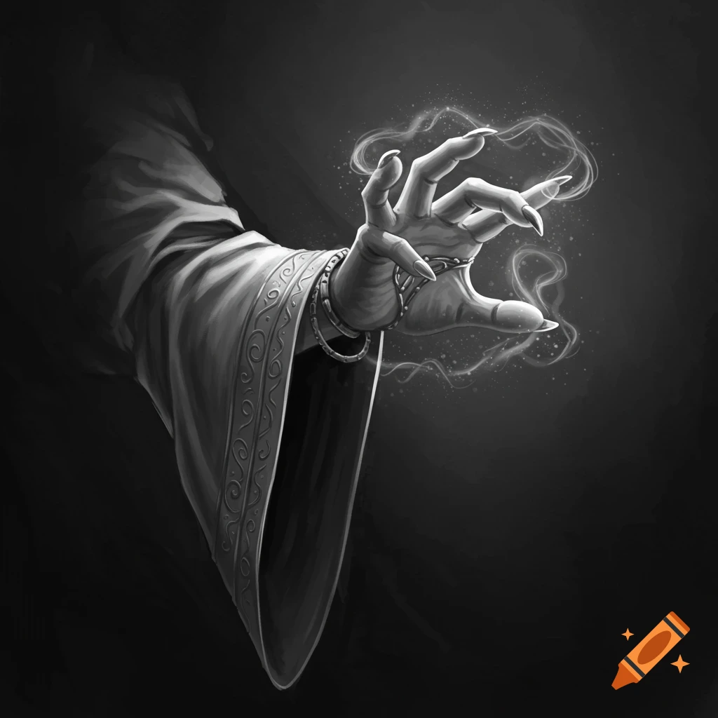 Black and white image of a hand in a mystical robe reaching out with ...