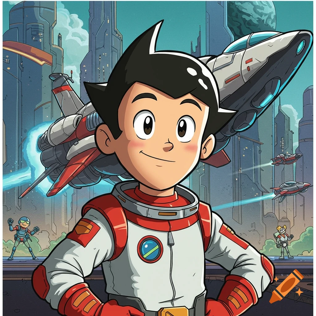 Anime character in a space suit in a futuristic city with spaceships on ...