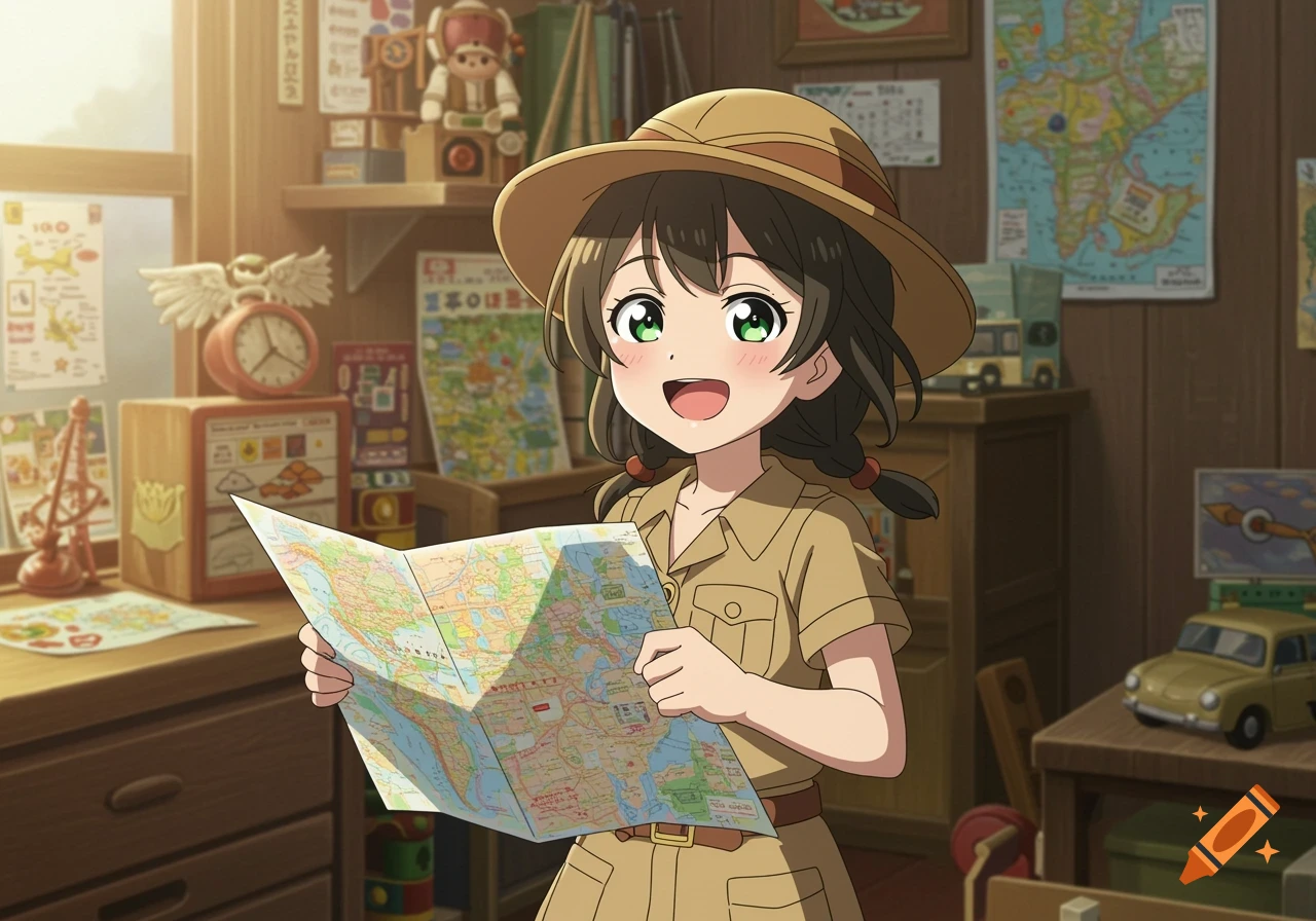 Anime girl dressed as explorer in playroom with maps and toys on Craiyon