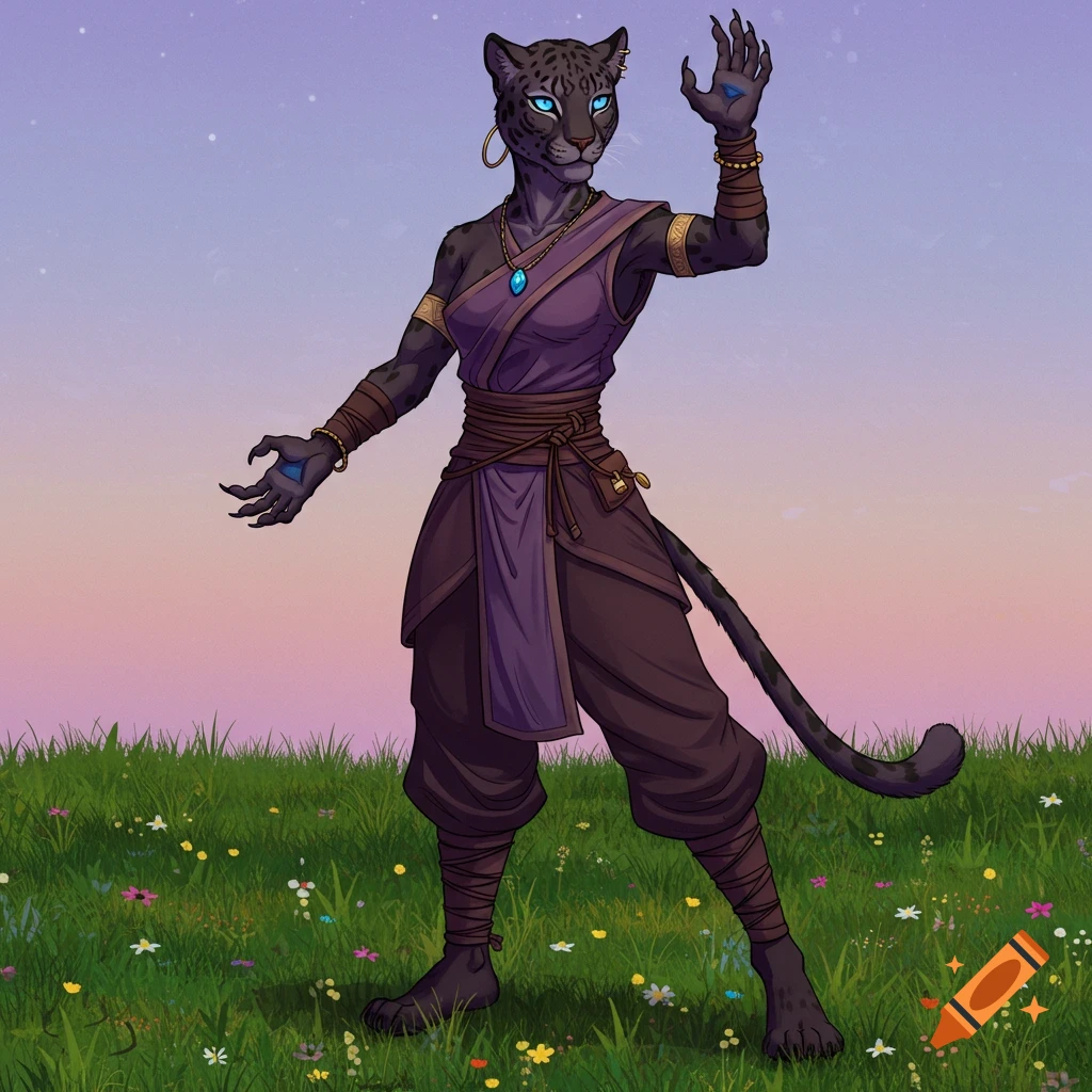 Tabaxi monk with jaguar features in a grassy field on Craiyon