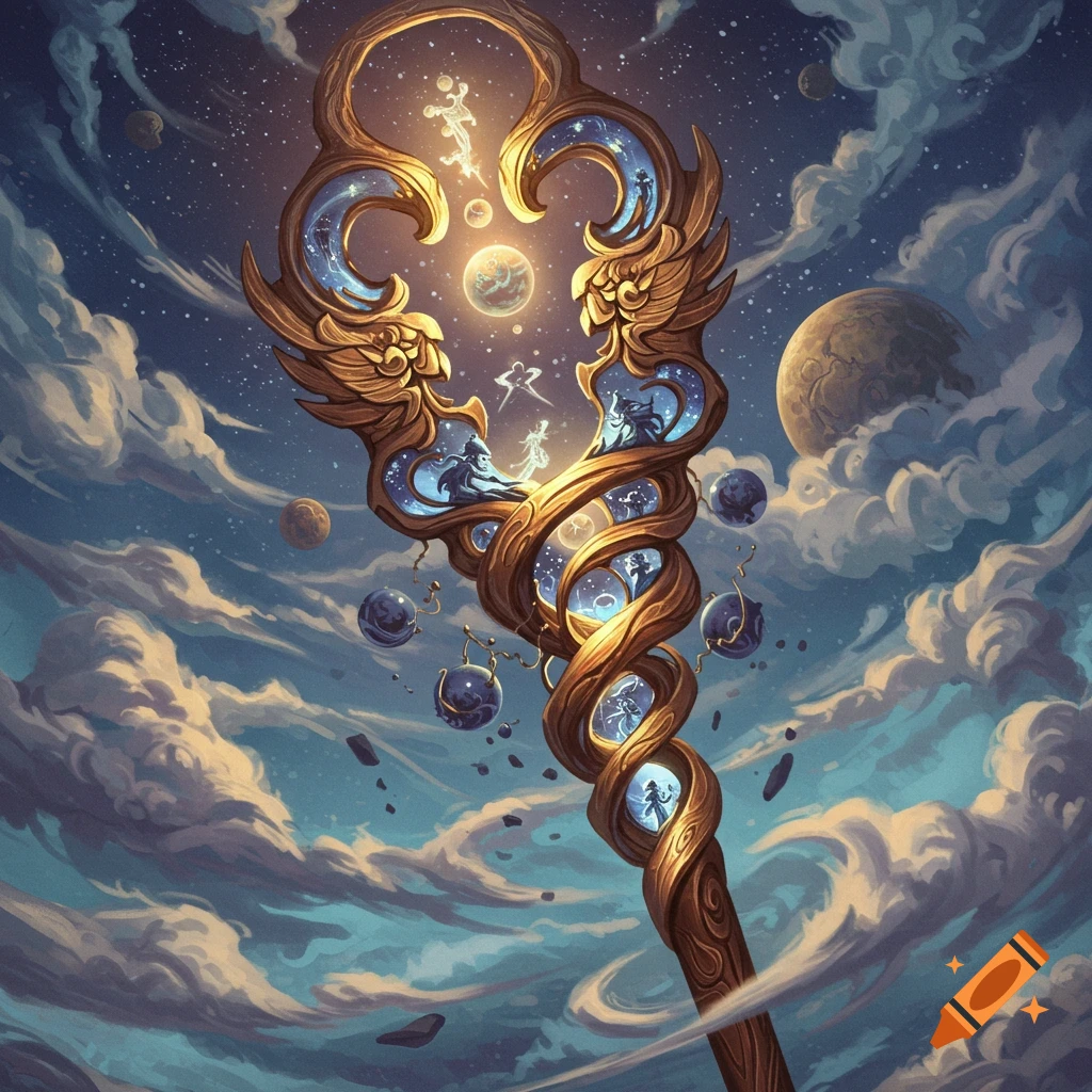 A detailed fantasy staff or key decorated with celestial elements ...
