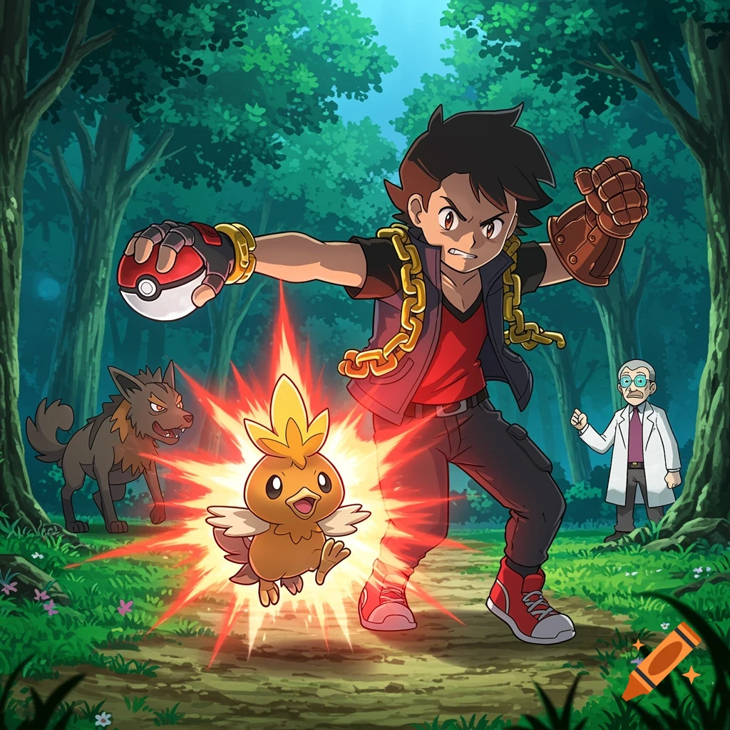 Anime-style Pokémon trainer with Torchic battling Poochyena on Craiyon